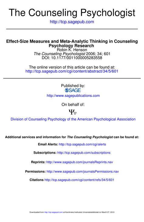 Pdf Effect Size Measures And Meta Analytic Thinking In Counseling Psychology Research