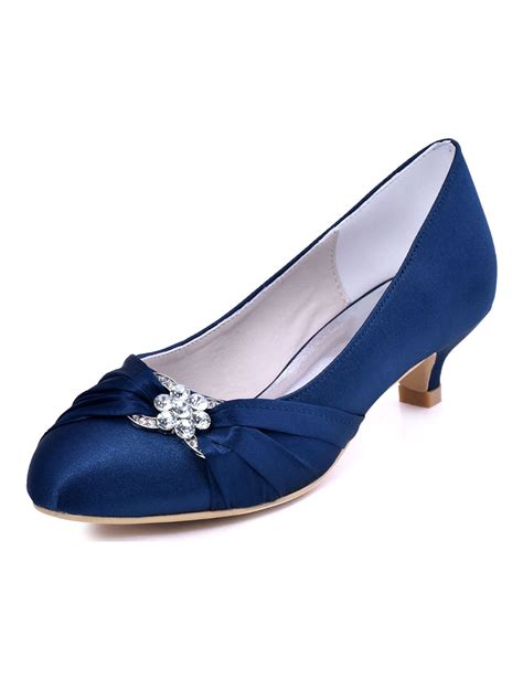 Satin Kitten Heel Bridal Shoes Deep Blue Round Toe Crystal Wedding
