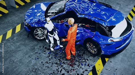 Robot Crash Test Dummy And Female Robot Future Concept 3d Rendering