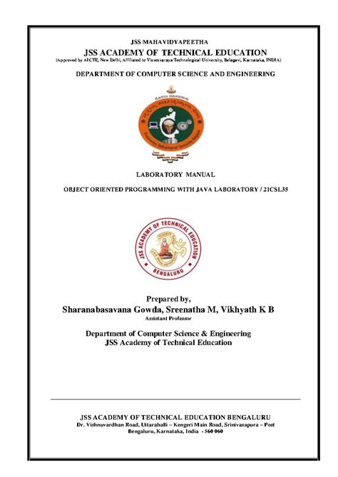 Java Lab Manual 21csl35 Cse Jss Mahavidyapeetha Jss Academy Of Technical Education Approved