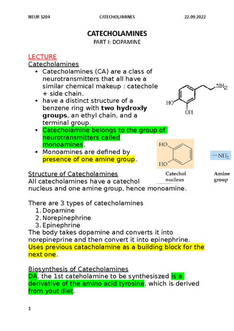 3 Catecholamines Dopamine Catecholamines Part I Dopamine Lecture