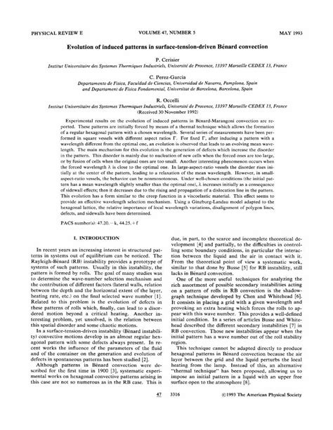 Pdf Evolution Of Induced Patterns In Surface Tension Driven Bénard