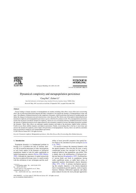 pdf dynamical complexity and metapopulation persistence