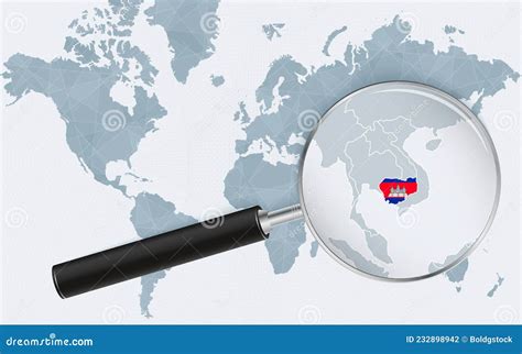 用放大镜指向柬埔寨的世界地图 环圈中的柬埔寨地图 向量例证 插画 包括有 确定 地点 东部 地产 232898942