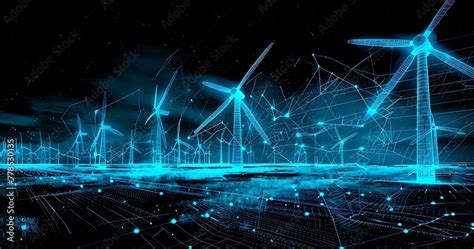 Windmill Farm Futuristic Glowing Low Polygonal Windmill Farm On Dark Blue Background
