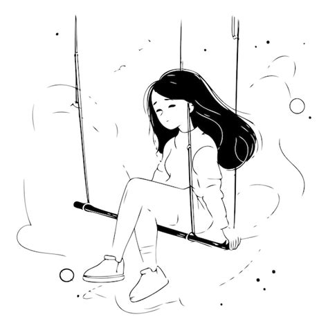 Premium Vector Cute Girl Sitting On A Swing In Sketch Style