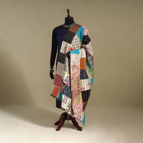 Multicolor Patchwork Reversible Silk Bengal Kantha Work Dupatta