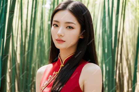 Premium Ai Image Chinese Model Long Black Hair Wearing A Red