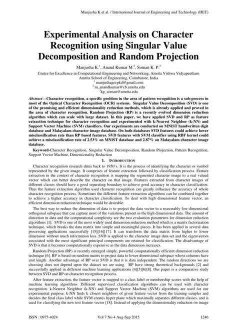 Pdf Experimental Analysis On Character Recognition Using Singular Value Decomposition And