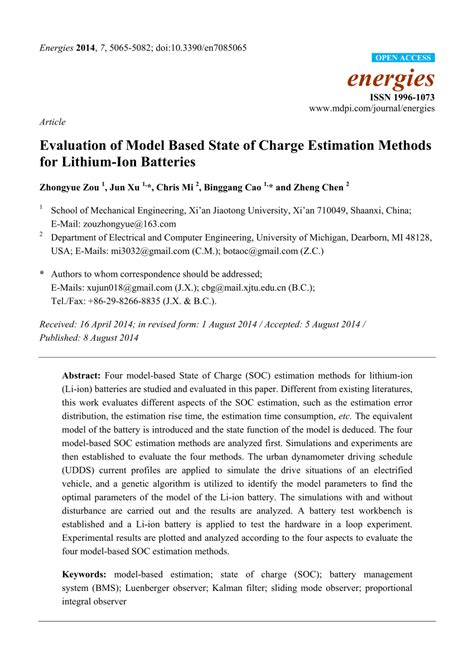 Pdf Evaluation Of Model Based State Of Charge Estimation Methods For Lithium Ion Batteries