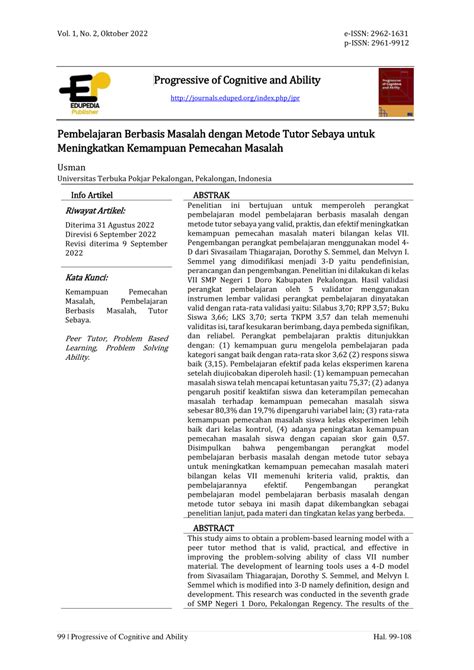 PDF Pembelajaran Berbasis Masalah Dengan Metode Tutor Sebaya Untuk