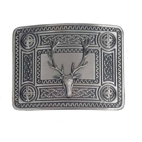 Celtic Knot Stag Head Mount Kilt Belt Buckle Silver Brass Embossed