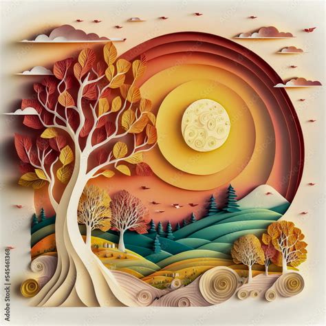 ภาพประกอบสต็อก Landscape Paper Cut Art Quilling Paper Art Style 3d Paper Cut Ai Generated Image