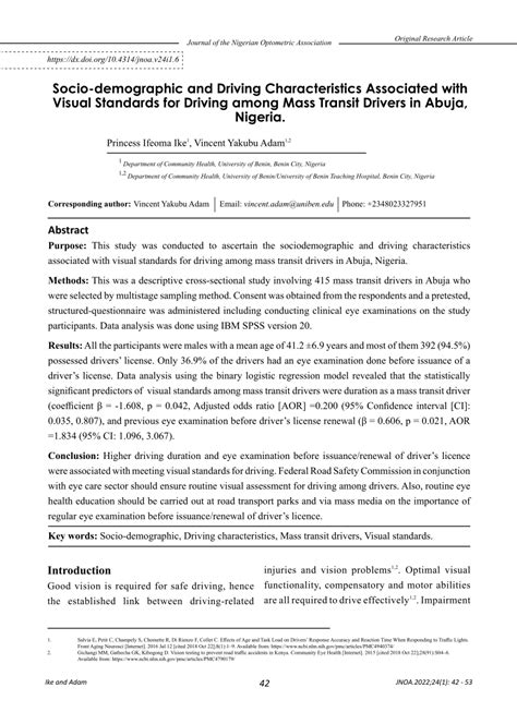 Pdf Socio Demographic And Driving Characteristics Associated With Visual Standards For Driving