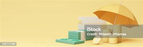 돈 보호 금융 저축 생명 보험의 개념 금화와 현금으로 둘러싸인 안전한 투자 파스텔 와이드 스크린 배경에 고립 된 돼지 저금통으로 현실적인 3d 렌더링 경호에 대한 스톡 사진