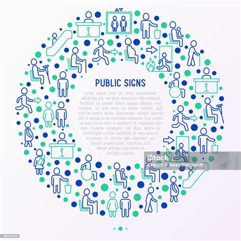원형 선 아이콘에서 공공 표지판 개념 정보 스탠드 화재 또는 비상구 사용 쓰레기통 임산부 장애인 노인 자녀와 함께 여자에 대 한 석 벡터 일러스트입니다 개념에 대한 스톡