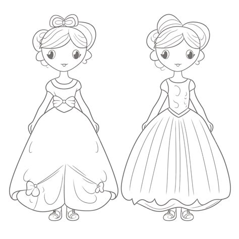 Dos Vestidos De Princesa Para Colorear El Dibujo Del Esquema De La