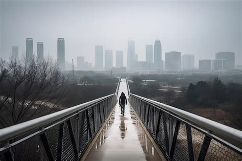Premium Ai Image Person Walking On Bridge With View Of Busy Cityscape