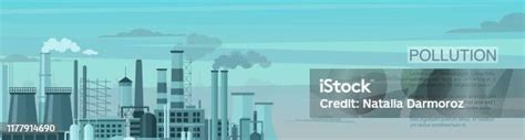 대기 오염 플랫 배너 벡터 템플릿입니다 생태 보호 환경 보존 포스터 중화학 물질 배출 연기 구름 산업 발전소 텍스트 공간이있는