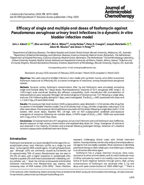 Pdf Efficacy Of Single And Multiple Oral Doses Of Fosfomycin Against Pseudomonas Aeruginosa