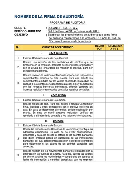 Programa De Auditoría De E F Sugerido Pdf Bancos Auditoría