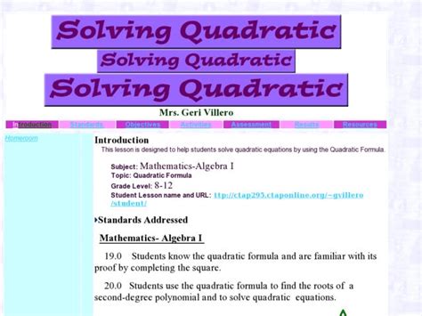 Solving Quadratic Lesson Plan For 8th 12th Grade Lesson Planet