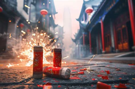 Firecrackers On Old Chinese Streets Happy China New Year Festival Holiday In Retro Chinese