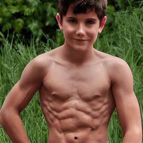 Garçon musclé de 13 ans torse nu fléchissant ses muscles définis