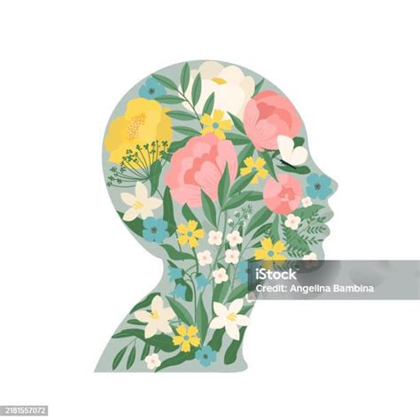 아름 다운 여자의 실루엣 그 안에 꽃과 초목이 있습니다 세계 정신 건강의 날 아유르베다에 대한 스톡 벡터 아트 및 기타 이미지