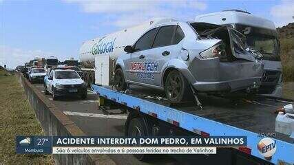 Engavetamento entre dois caminhões e quatro carros deixa seis feridos na Rodovia D Pedro em