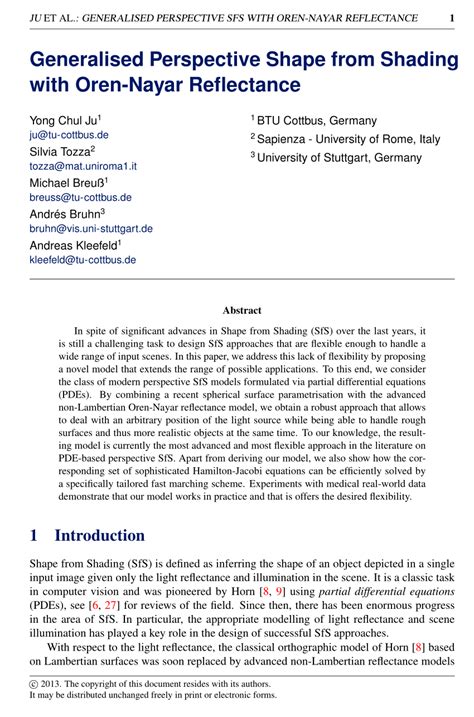 PDF Generalised Perspective Shape From Shading With Oren Nayar Reflectance