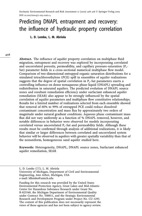 Pdf Predicting Dnapl Entrapment And Recovery The Influence Of Hydraulic Property Correlation