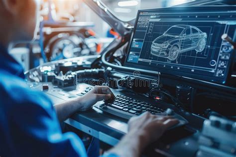 A Mechanic Uses a Computer To Diagnose Vehicle Issues while Working on an Engine Repair in an ...