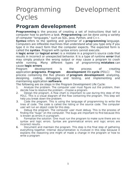 Programming Development Cycles L1 Programming Development Cycles
