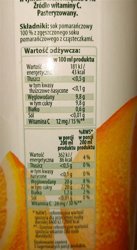 Sok 100 pomarańcza z cząsteczkami miąższu Riviva kalorie kJ i