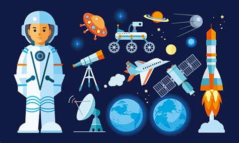 우주선 우주 위성 궤도 정거장 토성 지구 우주 비행사 로켓 로버 로케이터 망원경 달 별 외계인 우주선 등 다양한 우주 탐사 요소 세트 플랫 격리 그림 우주에 대한 스톡 벡터