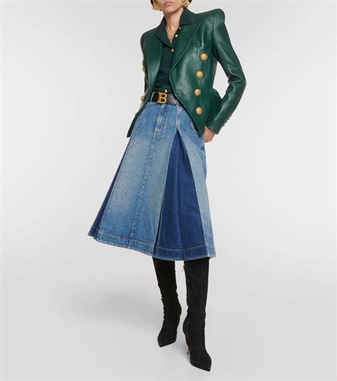 Balmain Pleated A Line Denim Midi Skirt Balmain