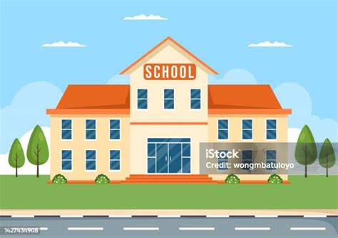 건물 구조와 Eksterior와 템플릿 손으로 그린 만화 플랫 일러스트레이션과 초등학교 개념에 대한 스톡 벡터 아트 및 기타 이미지 개념 개념과 주제 개발 Istock