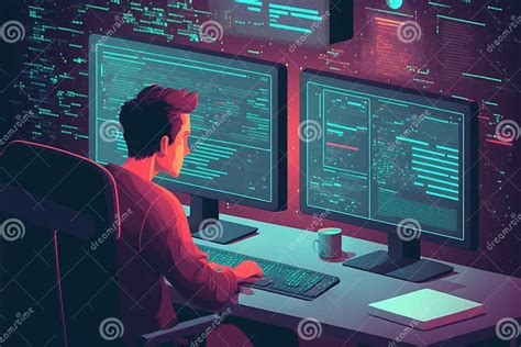 cartoon illustration of software developer working on double pc monitor
