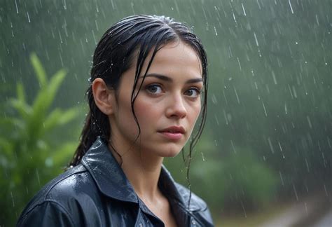 A Woman With Wet Hair Stands In The Rain With Rain Drops On Her Head