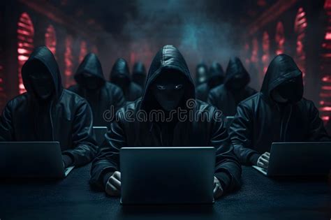 Hackers With Hoodies Typing Laptops Hacker Group Organization Or