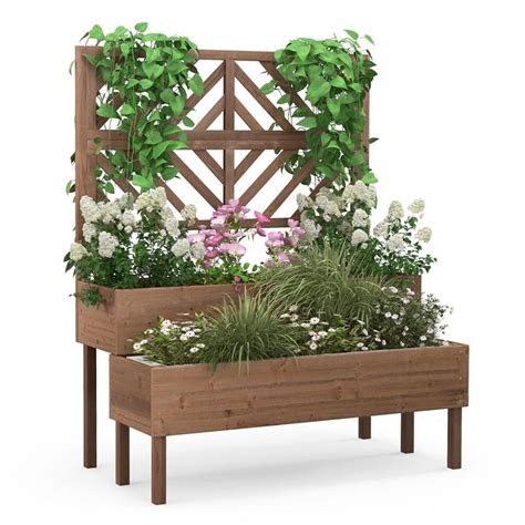 2 Tier Raised Garden Bed Wood Elevated Planter Box With Trellis