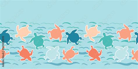 Top View Of Swimming Sea Turtles Border Pattern Seamless Vector