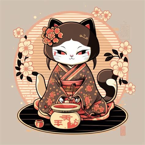 Japanese Tea Ceremony Chibi Cat Geisha Ai Generate Stock Illustration