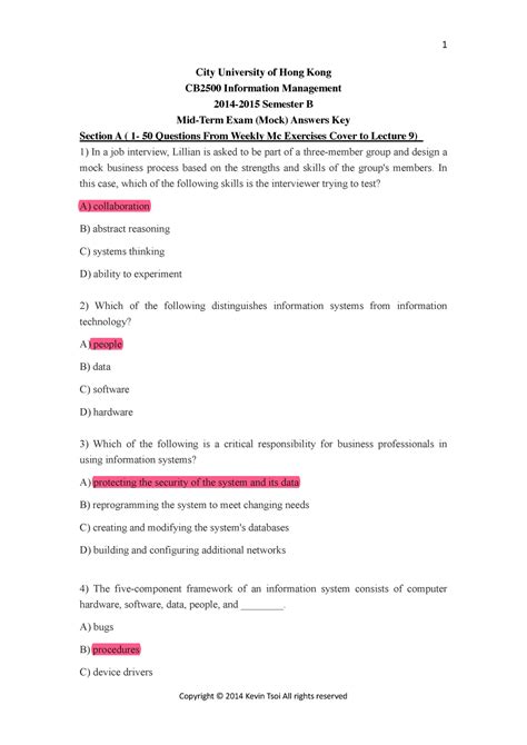 Mock Midterm 1 2 City University Of Hong Kong CB2500 Information Management 2014 2015