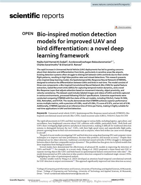 Pdf Bio Inspired Motion Detection Models For Improved Uav And Bird Differentiation A Novel