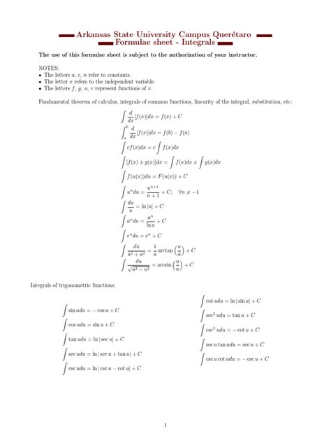 formulae sheet pdf integral analysis