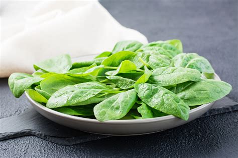 신선한 아기 시금치는 검은 색 배경에 슬레이트 보드에 접시에 물 방울에 잎 채식 웰빙 및 해독 식품 0명에 대한 스톡 사진 및