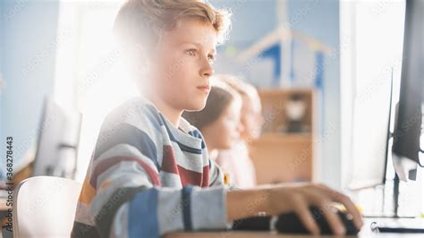 Elementary School Computer Science Classroom Portrait Of A Smart Boy