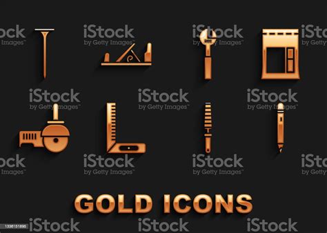 세트 코너 눈금자 시멘트 가방 지우개를 가진 연필 나무를위한 끌 도구 앵글 그라인더 조정 렌치 금속 손톱과 나무 비행기 아이콘 벡터 각도에 대한 스톡 벡터 아트 및 기타